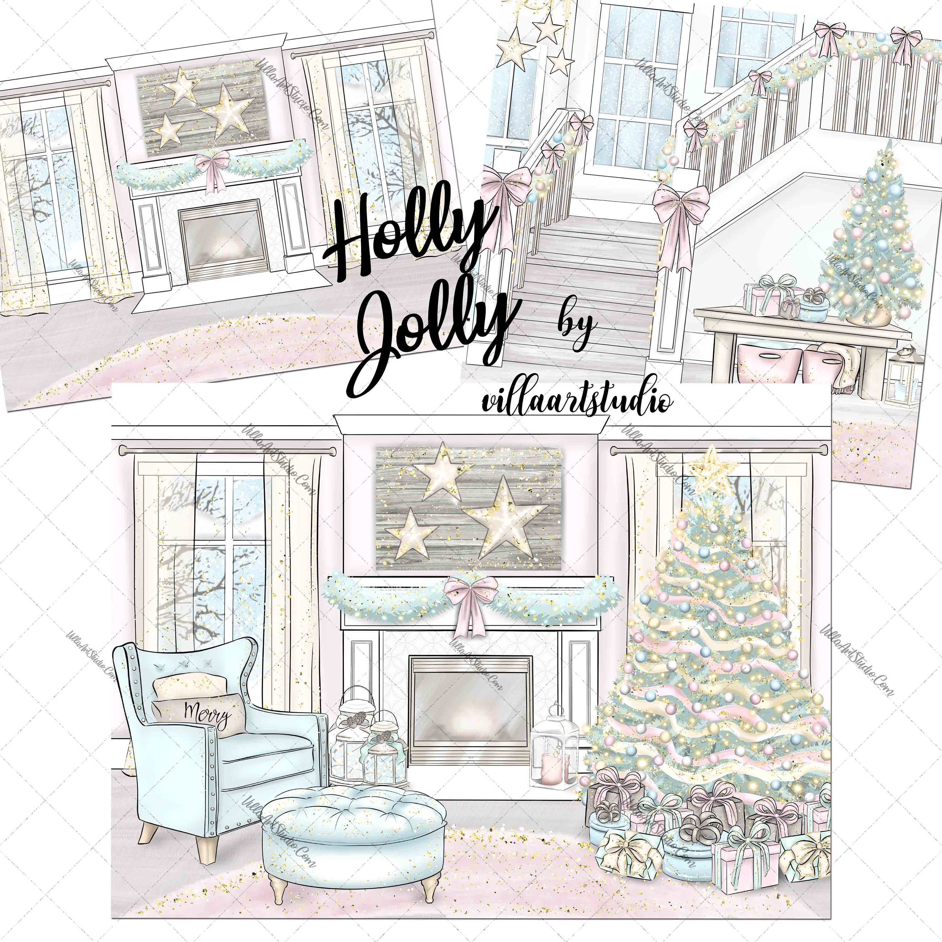 HOLLY JOLLY SCENES Christmas Hand Drawn Art Pink Christmas Cute Clipart ...
