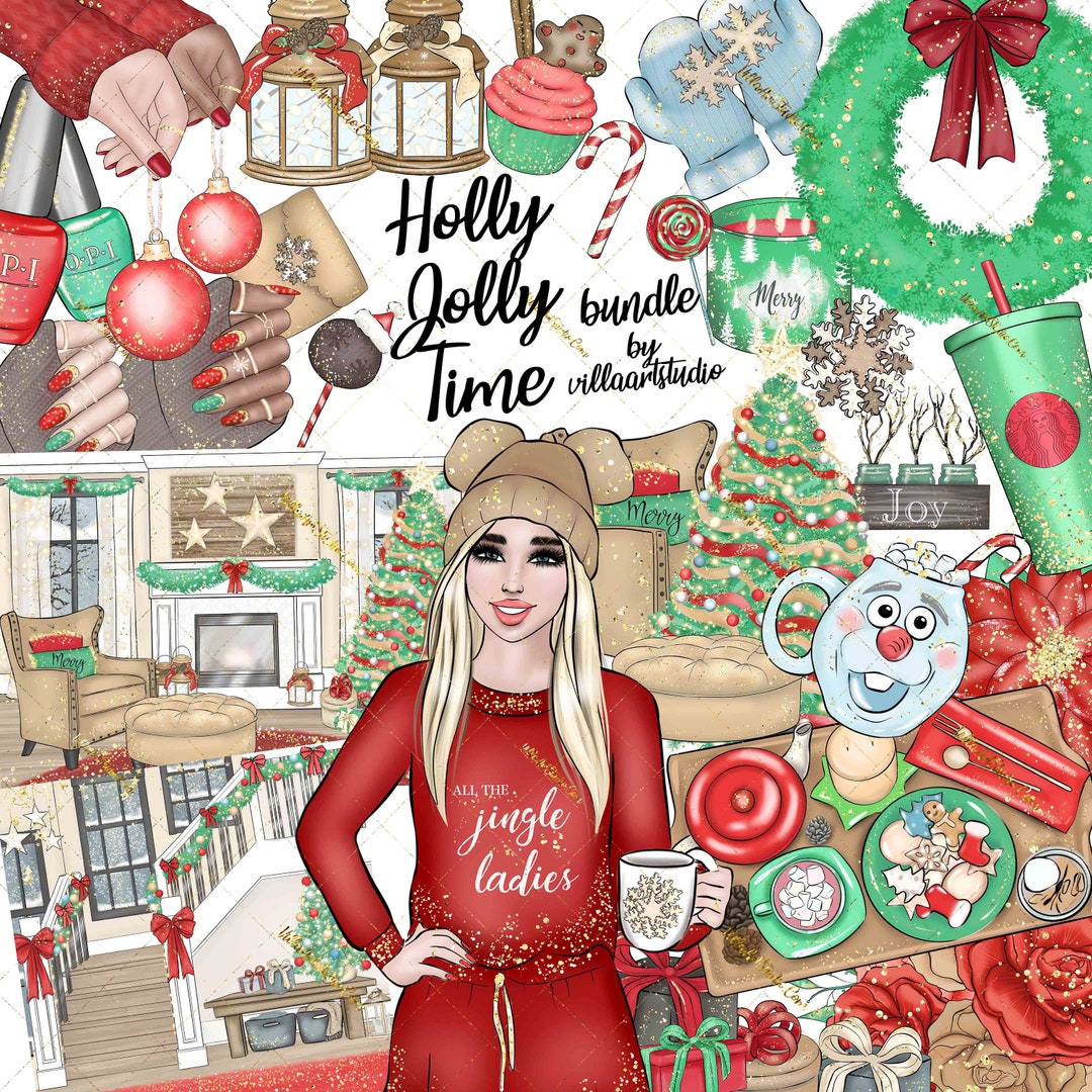 HOLLY JOLLY Time Clipart Bundle Christmas Hand Drawn Christmas Cute ...