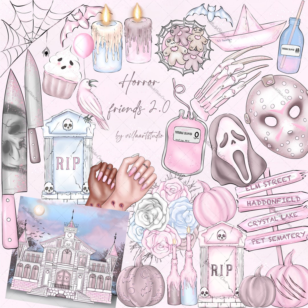 Horror Friends Clipart and Spooky Scene Haunted Pink Halloween Scary ...