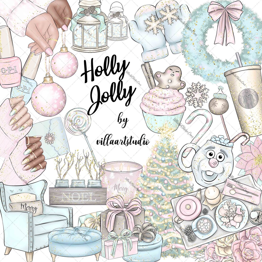 HOLLY JOLLY Clipart, Christmas Hand Drawn Art Pink Christmas Cute ...