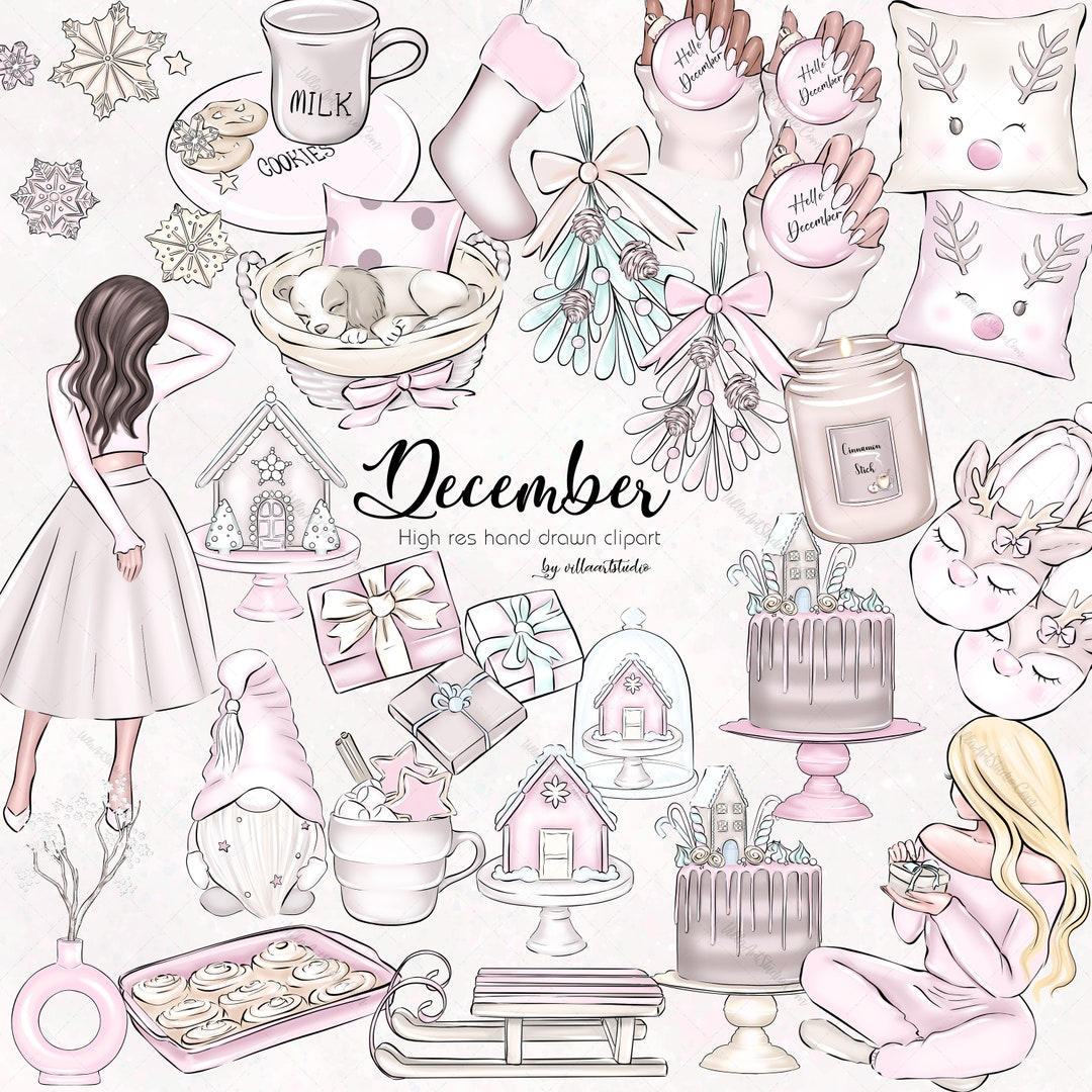 December Clipart Christmas Hand Drawn Art Pink Christmas Cute Clipart ...