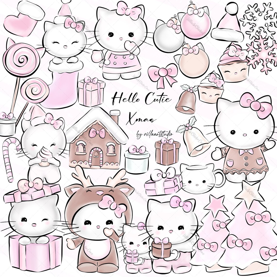 Hello Cutie Xmas Clipart Christmas Hand Drawn Art Pink Christmas Cute ...