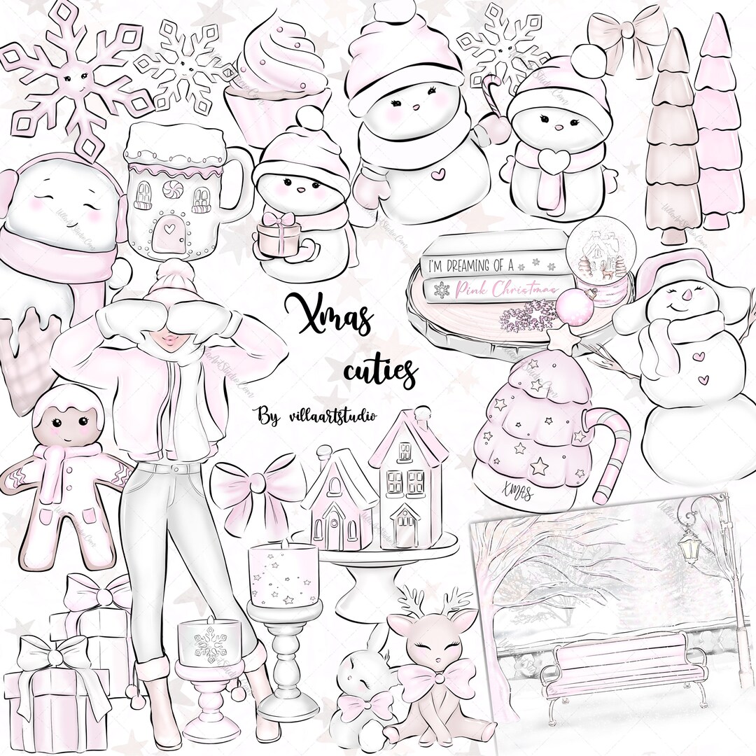 Xmas Cuties Clipart Christmas Hand Drawn Art Pink Christmas Cute Winter ...