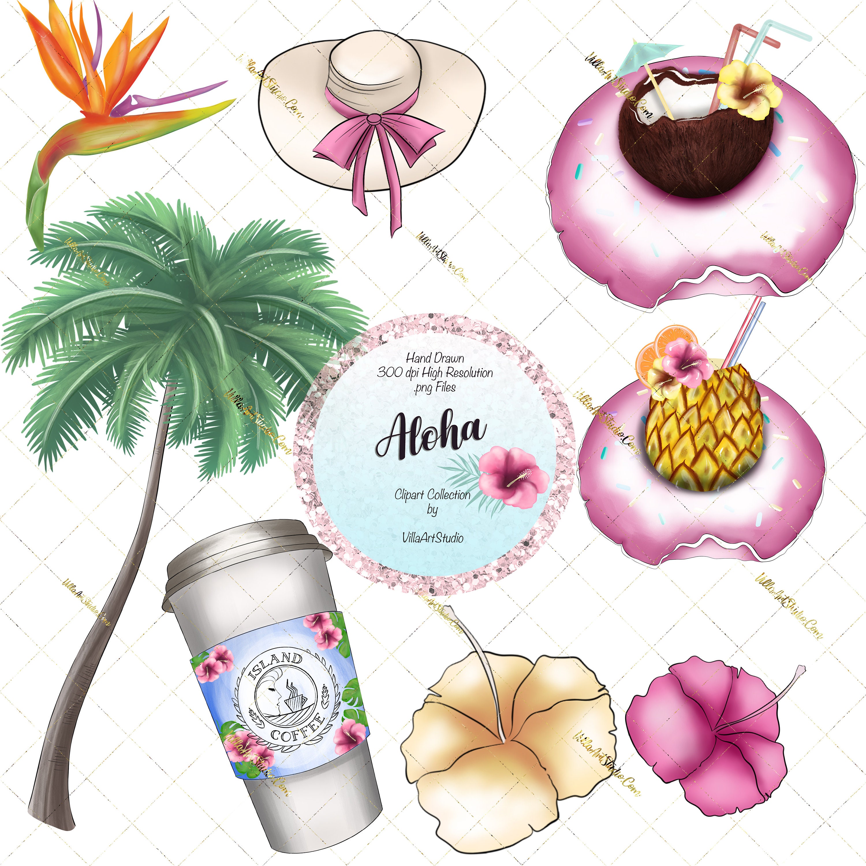 Aloha Hand Drawn Cliparthawaii Beach Clipart Summer - Etsy