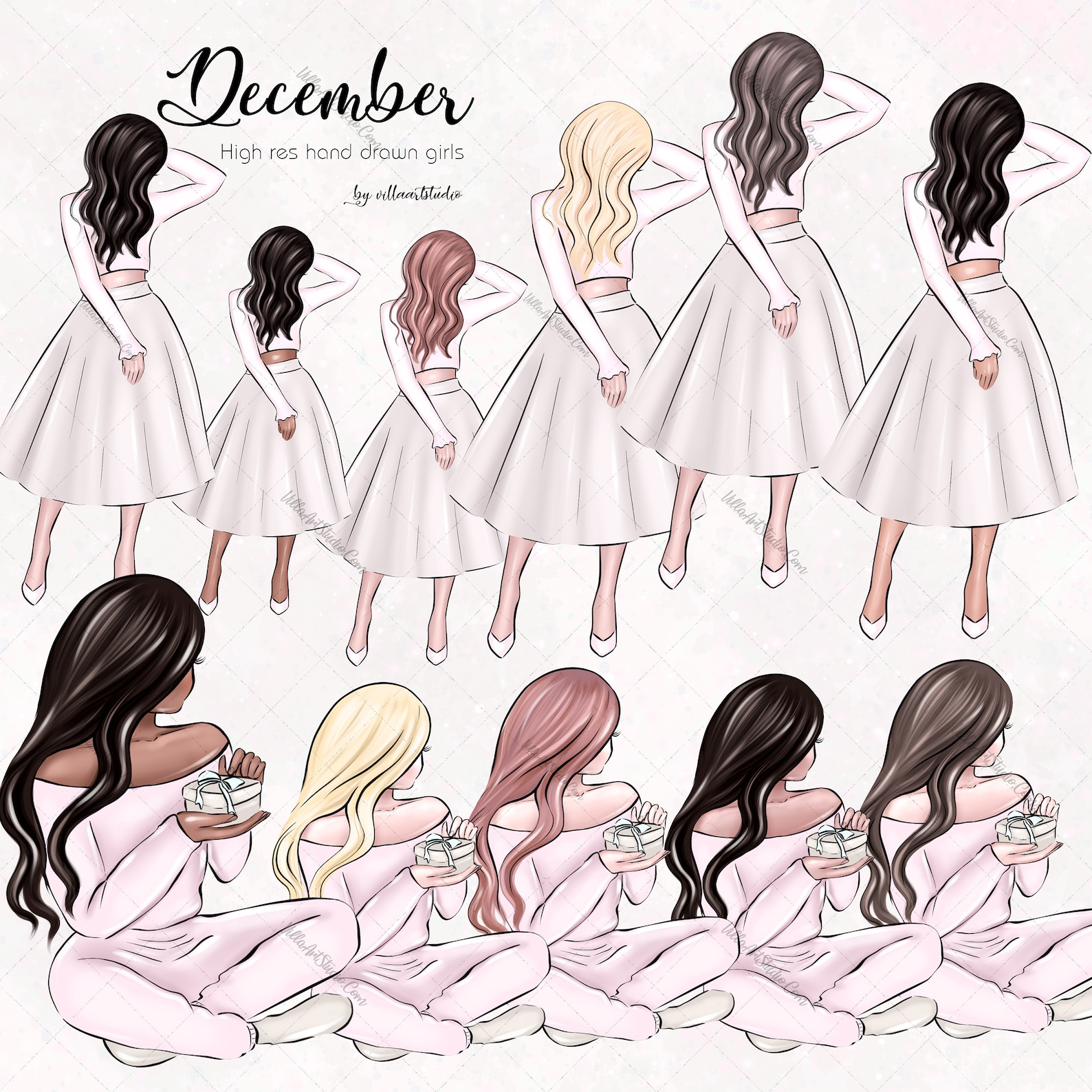 December Clipart Christmas Hand Drawn Art Pink Christmas Cute - Etsy