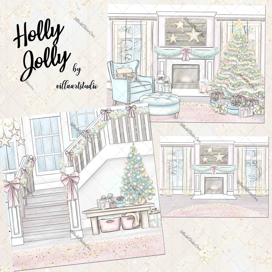 HOLLY JOLLY SCENES Christmas Hand Drawn Art Pink Christmas Cute Clipart ...