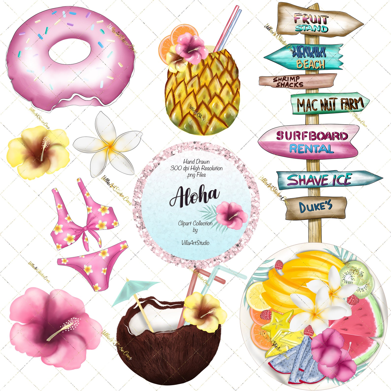 Aloha Hand Drawn Cliparthawaii Beach Clipart Summer - Etsy