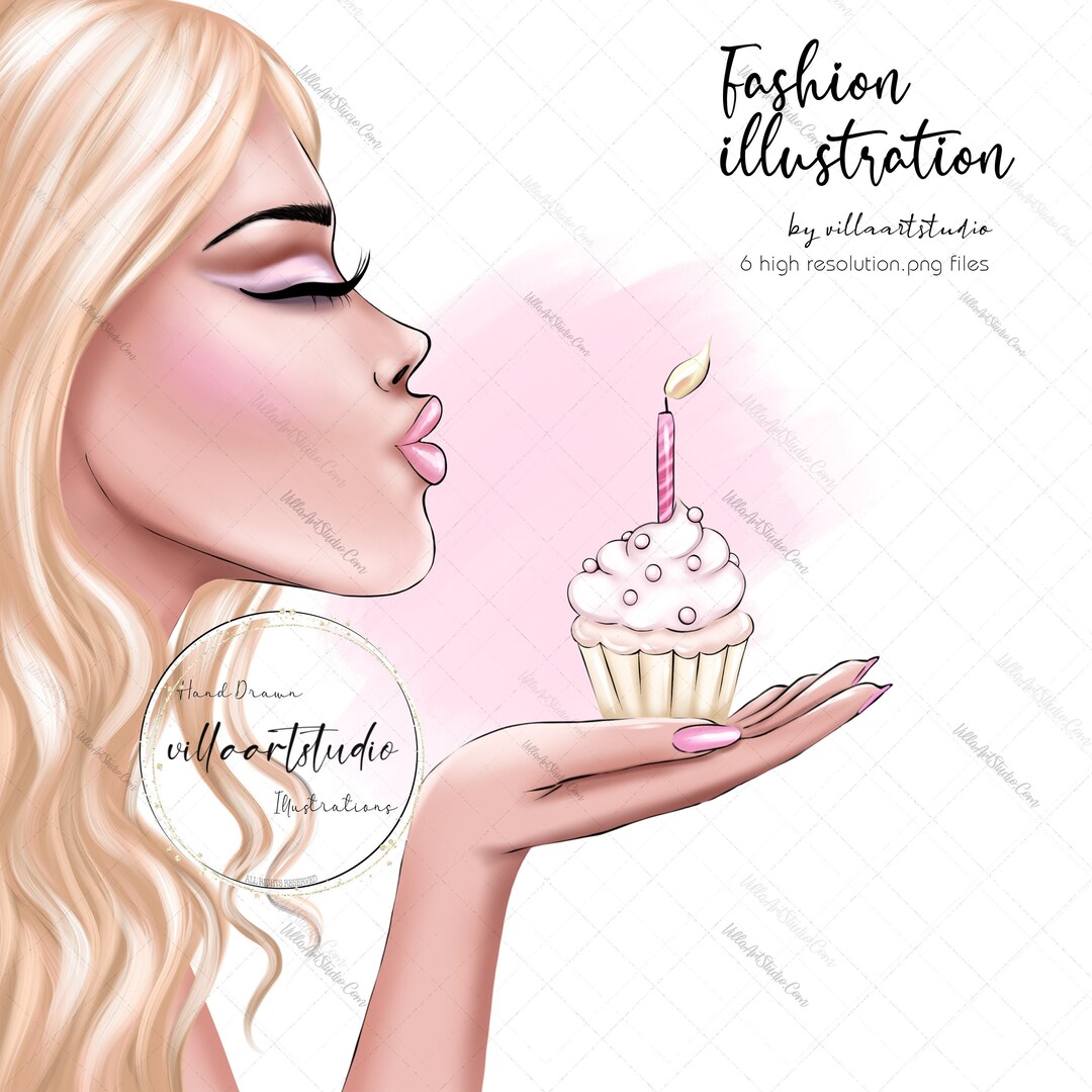 Fashion Illustration Clipart Birthday Girl Holding Cupcake Planner Art ...
