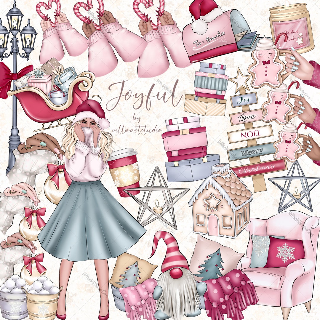 Joyful Clipart, Christmas Hand Drawn Art Pink Christmas Cute Clipart ...