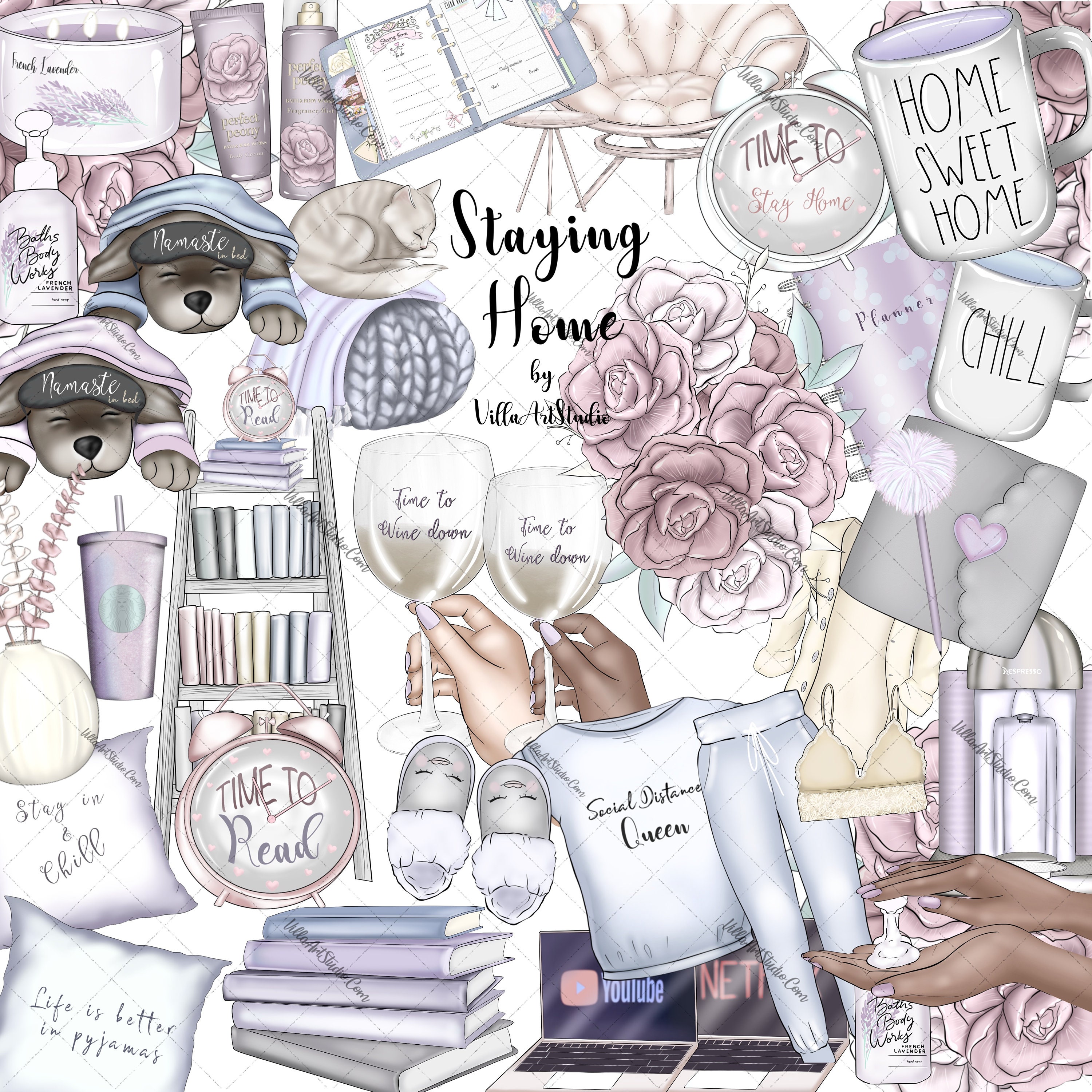 Staying HOME Clipart FULL Collection Pastel Quarantine Clipart - Etsy