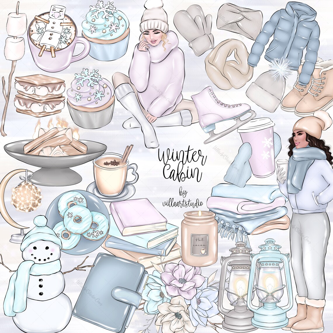 Winter Cabin BUNDLE Clipart Hand Drawn Art Snowy Winter Cute Clipart ...