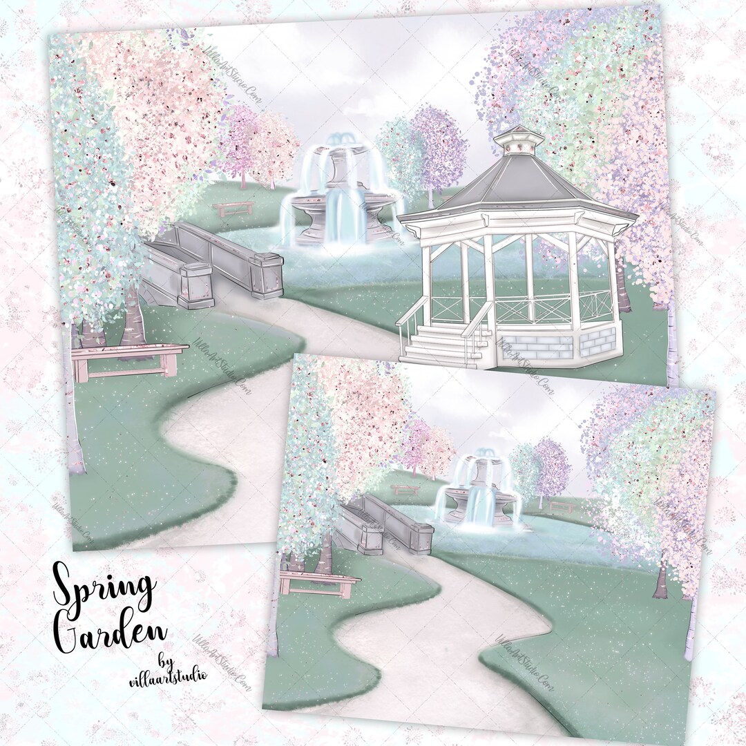 Spring Garden Scene Hand Drawn Scene Spring in the Park Floral Clipart ...