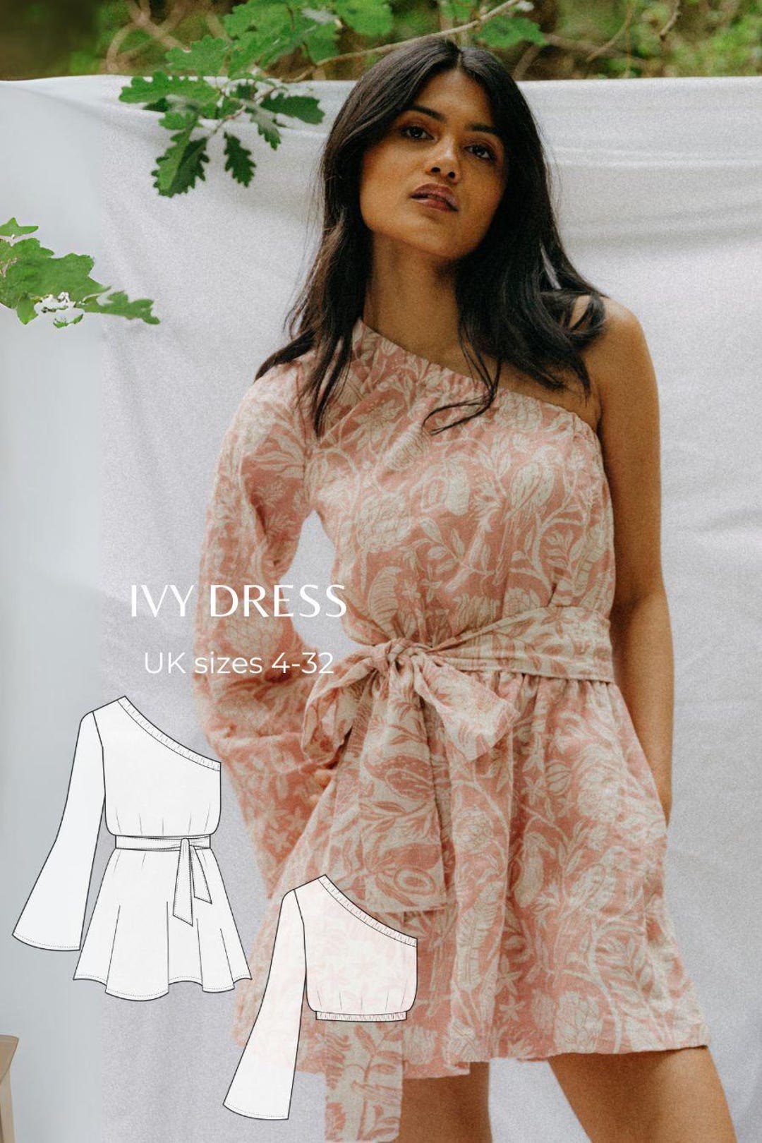 One Shoulder Dress Sewing Pattern | Bell Sleeve Top, UK 4-32 (PDF ...