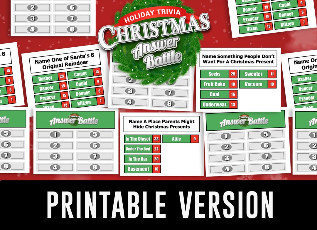 PRINTABLE Christmas Answer Battle - Trivia Game With Score Cards Fun ...