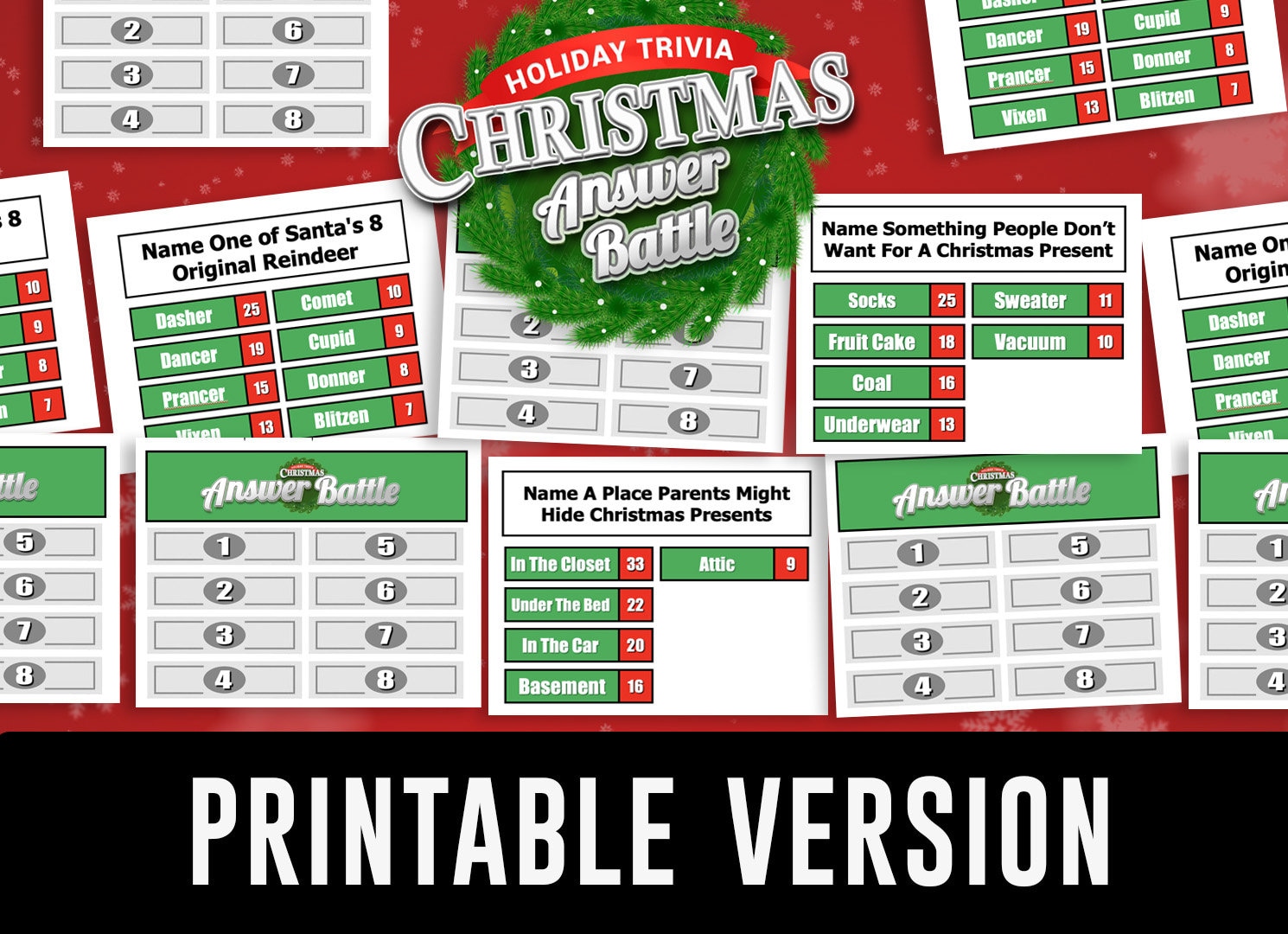 PRINTABLE Christmas Answer Battle - Trivia Game With Score Cards Fun ...