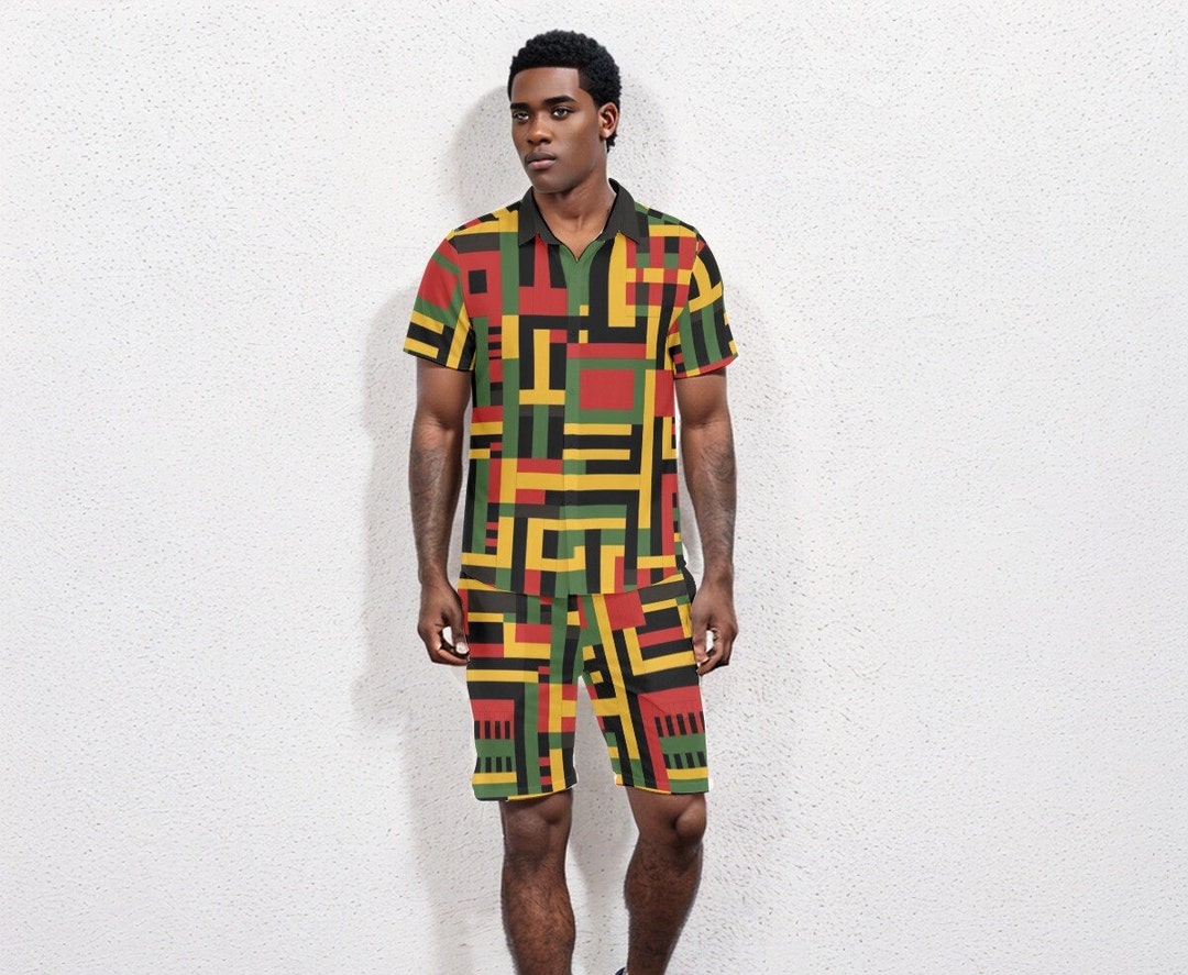 Kente Cloth Print Men's Two-piece Short Set, Cultural & Stylish Mens ...