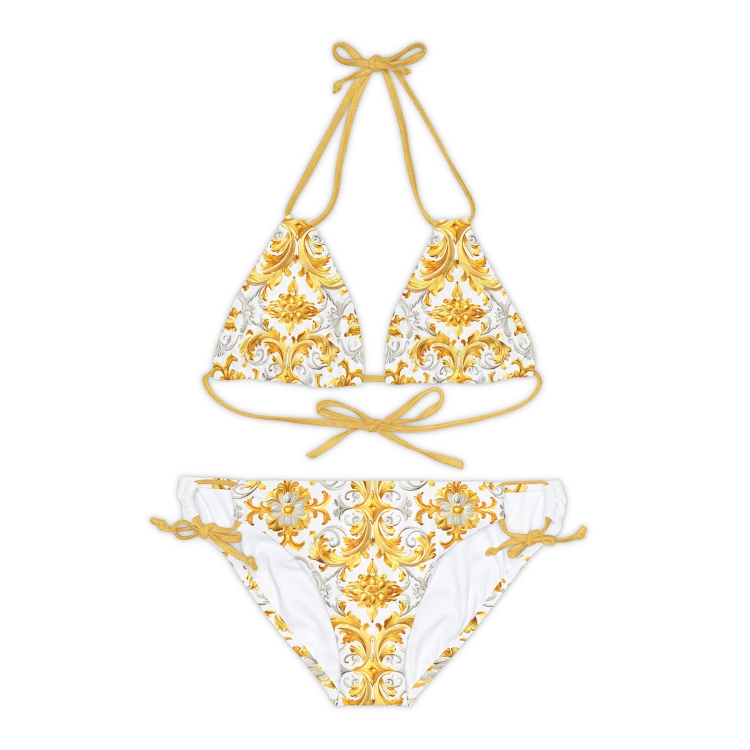 Gold & White Baroque Strappy Bikini Set, Luxurious Swimsuit With ...