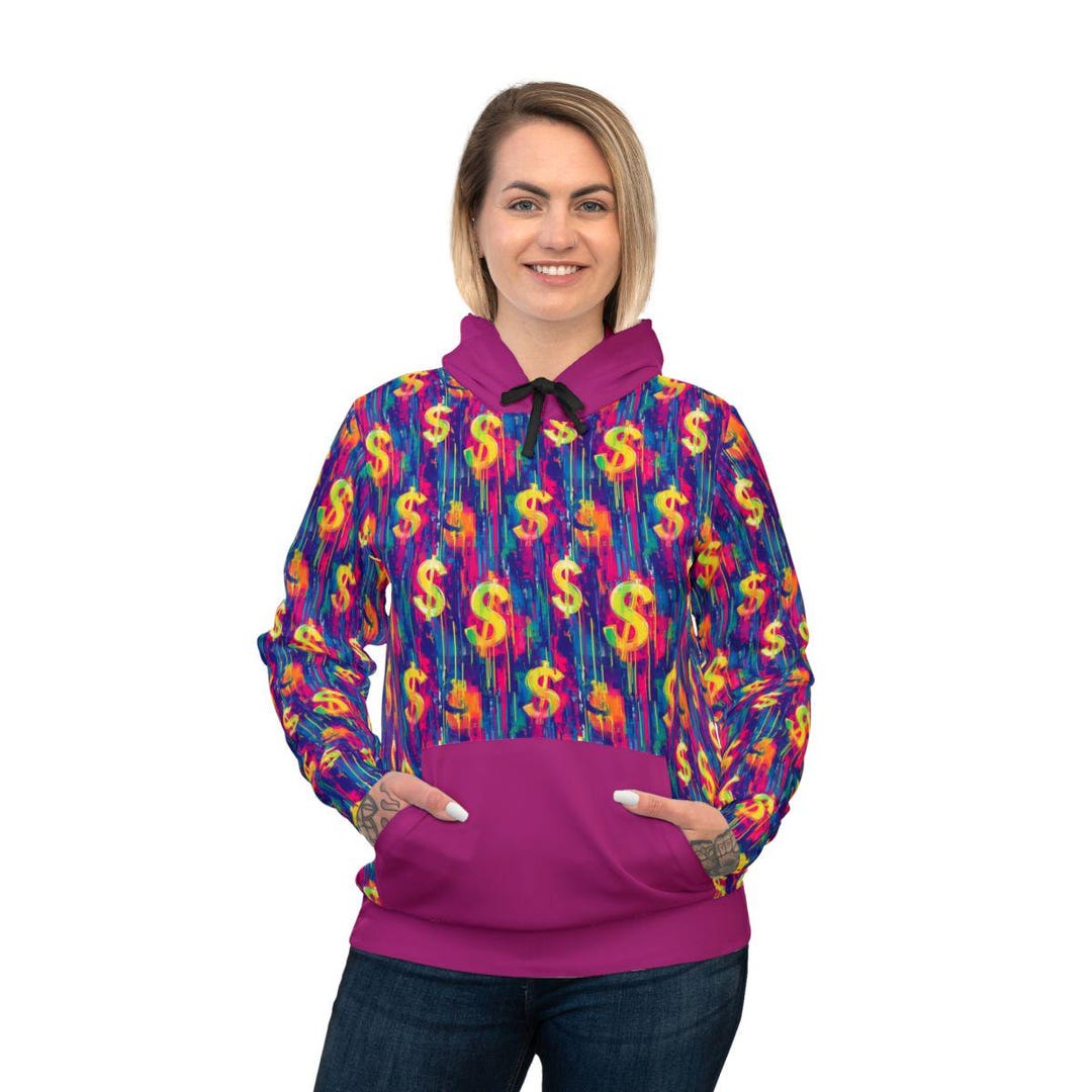 Whimsical Neon Graffiti Dollar Signs Hoodie, Women's Urban Streetwear ...