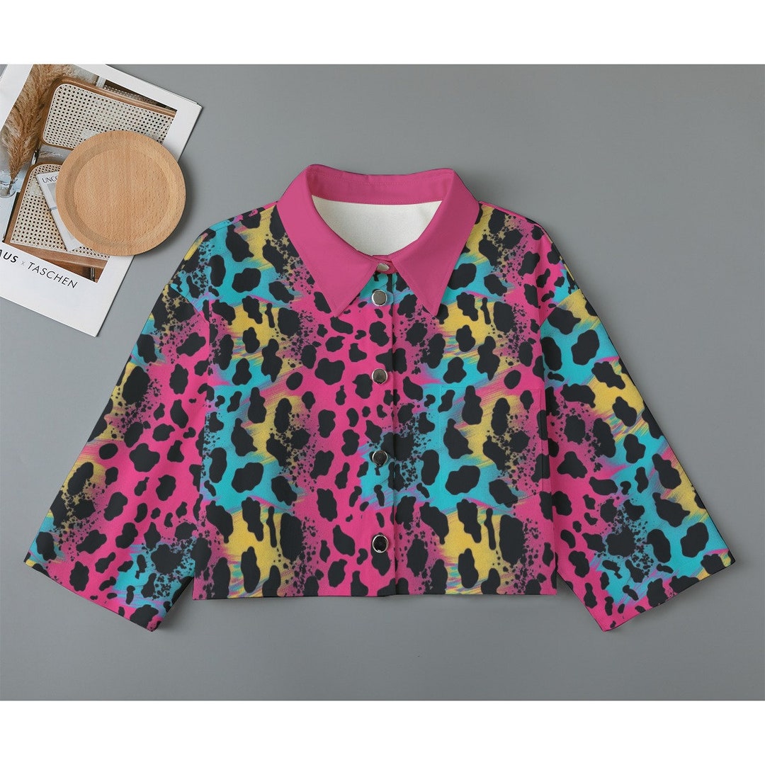 Multi-colored Leopard Print Women's Cropped Cotton Jacket, Leopard ...