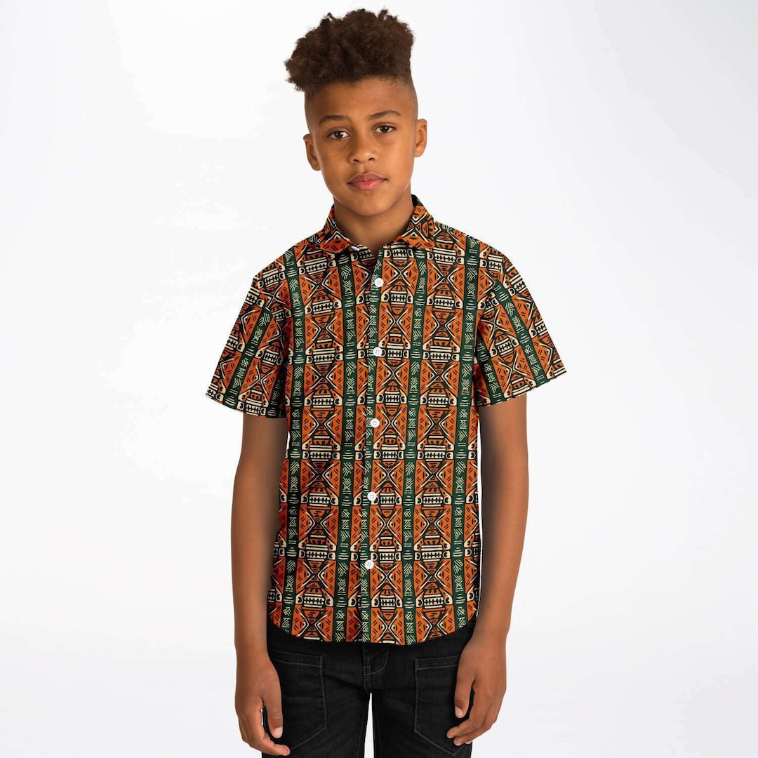 Green & Orange Traditional African Mud Cloth Boys Button Down Shirt ...
