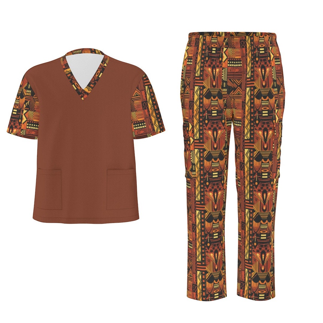 Golden Brown Afrofuturism African Print Unisex Scrub Set, Golden Brown ...