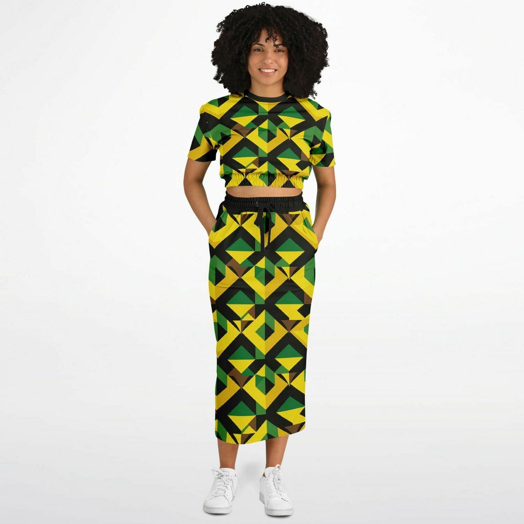 Jamaican Flag Cropped Sweatshirt & Long Skirt Set, Versatile Jamaican ...