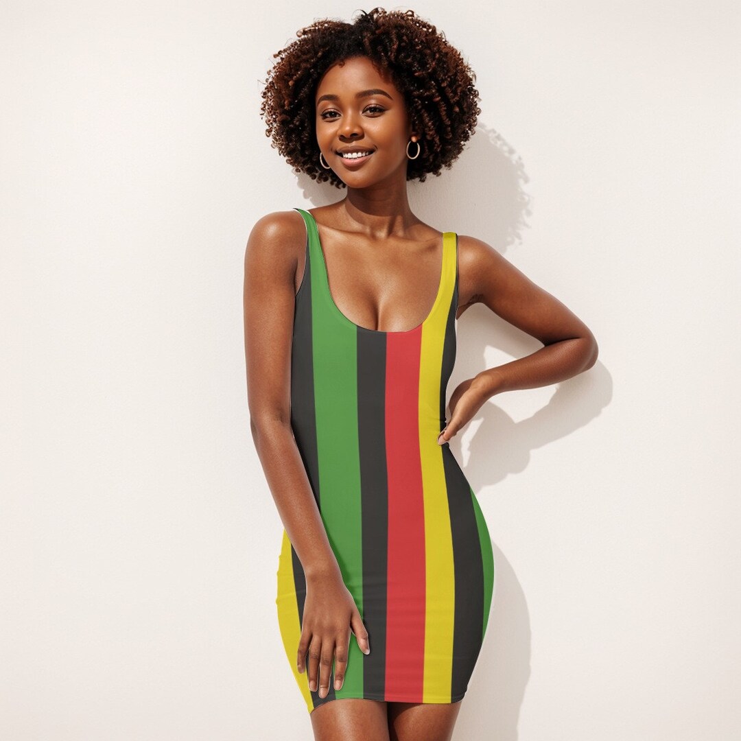 Reggae Pulse Bodycon Dress, Rasta Vibe Geometric Stripe Print Bodycon ...