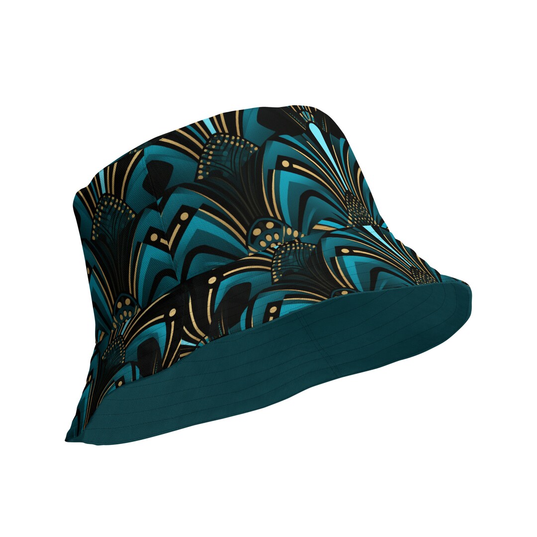 Zanzibar Blue & Ebony Black African Print Reversible Bucket Hat ...