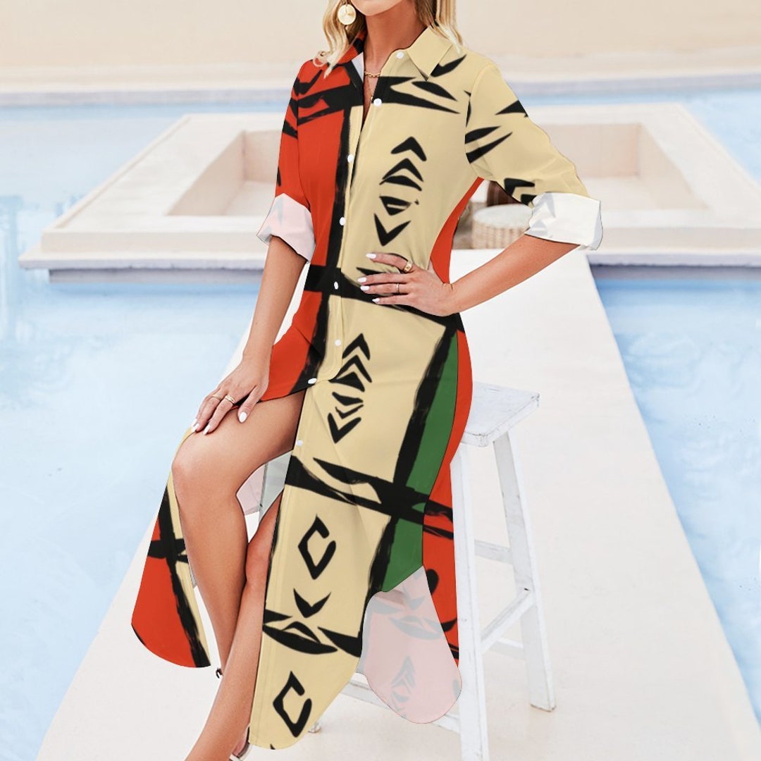 RBG Afrocentric Button-up Long Sleeve Shirt Dress, Red Black Green ...