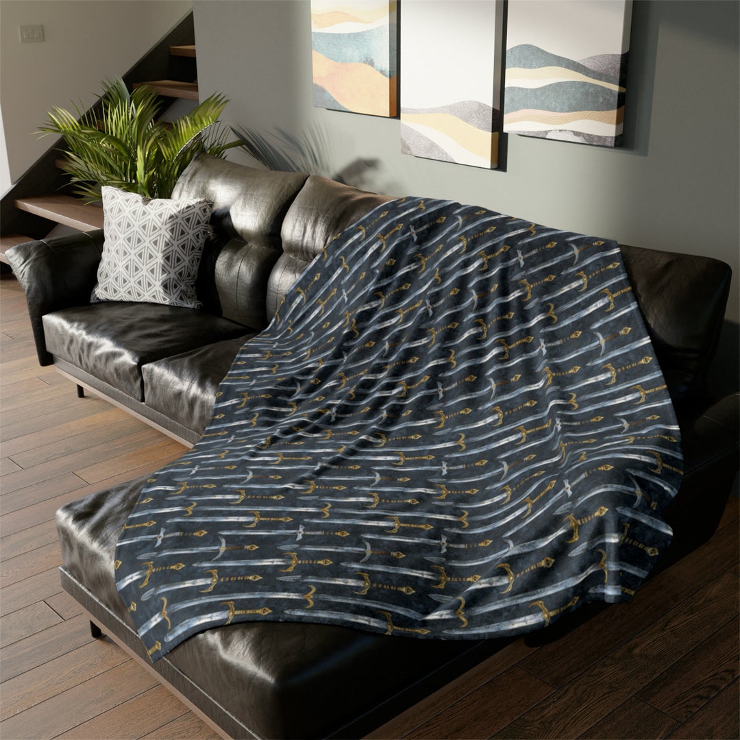 Medieval Swords Fleece Throw Blanket, Enchanting Dark Blue and Silver ...