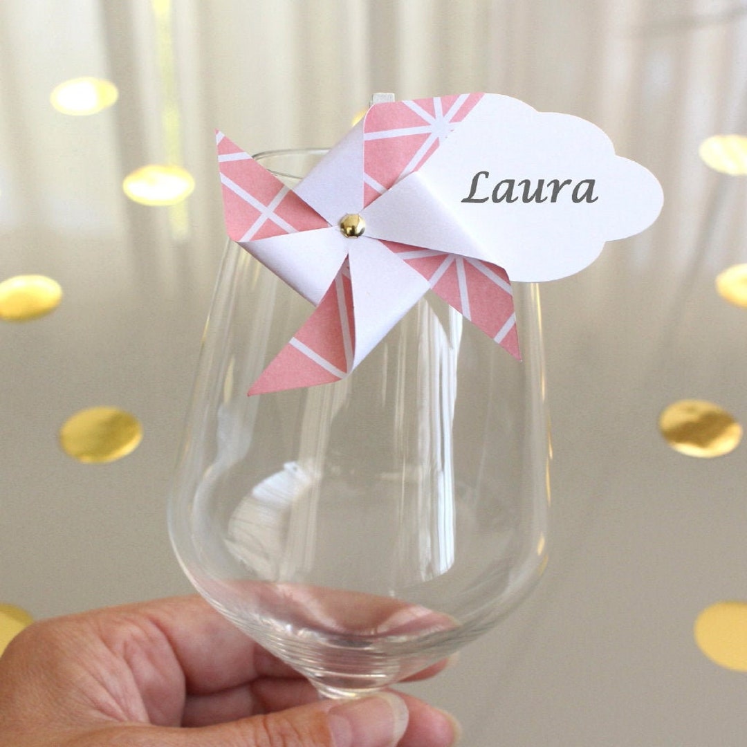 Glass Marker Place Marker Windmill and Pink Scandinavian Cloud, Guest ...