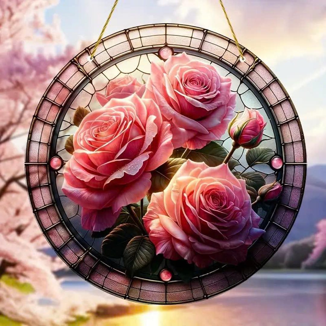 Pink Rose Stained Glass Suncatcher, Handmade Window Décor, Flower ...
