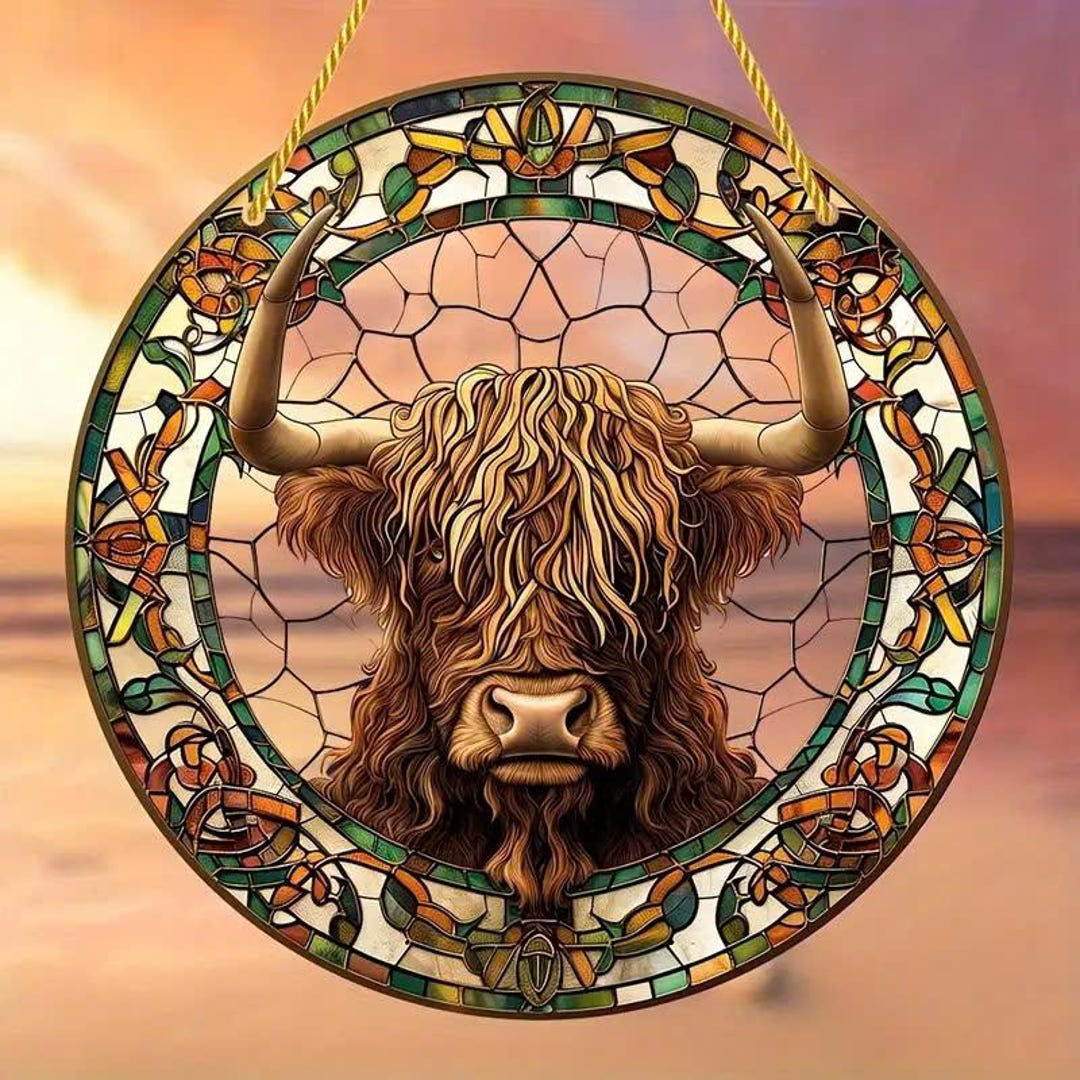 Highland Cow Stained Glass Suncatcher - Rustic Window Garden Hanging ...