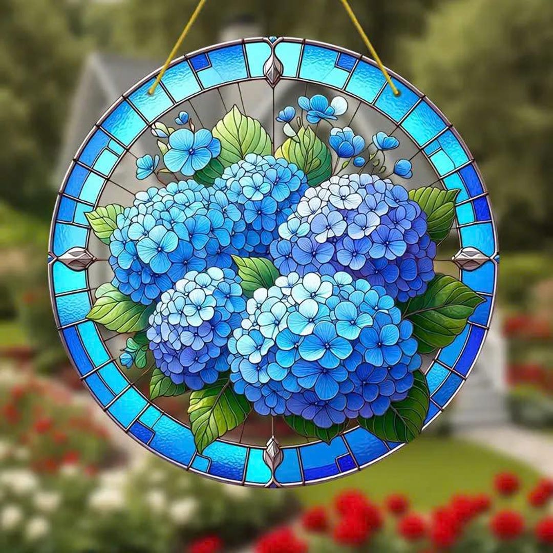 Blue Hydrangea Stained Glass Suncatcher, November Birth Month Flower ...