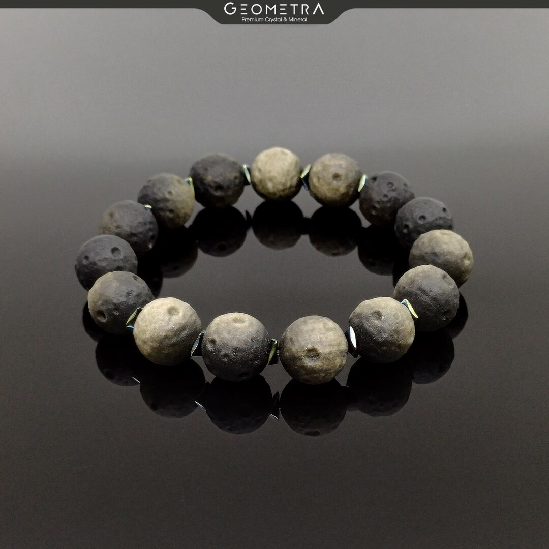 Hand Carved Obsidian Meteorite Bracelet: Hematite Moon Accent - Etsy