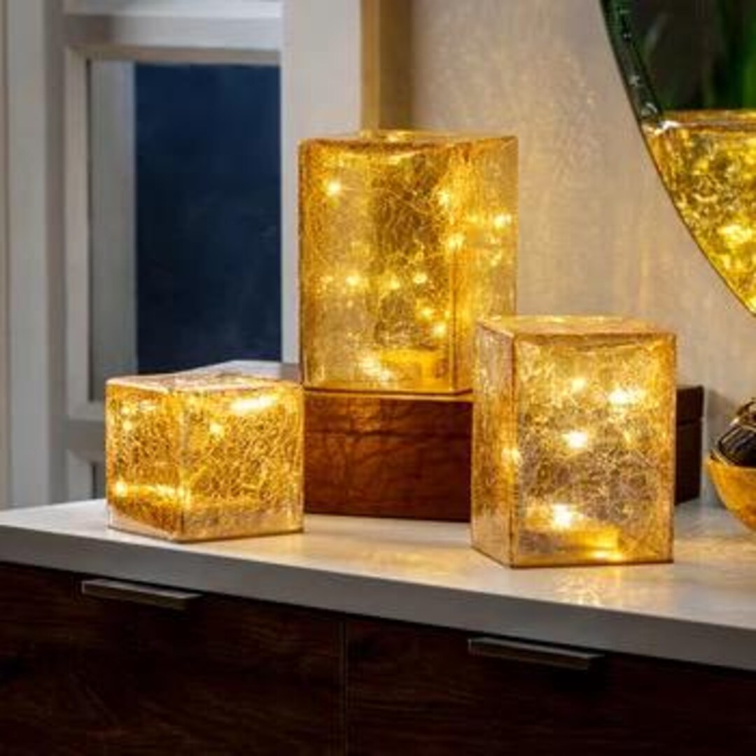 LED Glass Cube Lights – Gold Crackle Finish, Battery Operated, Set of 3 ...