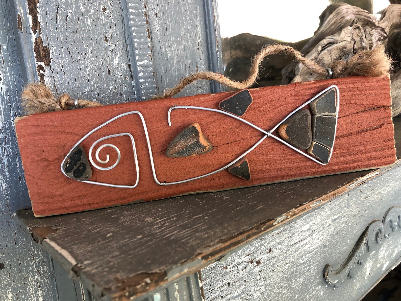 Rustic Fish Art Made With Vintage Beach Pottery and Reclaimed Wood ...