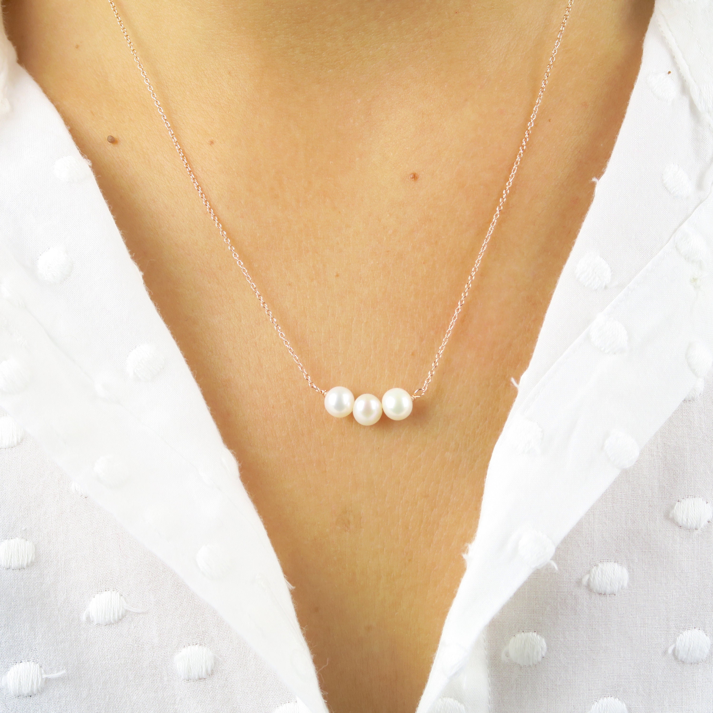 Rose Gold 3 Pearl Necklace• 14K Gold Pearl Necklace• Wedding Gift ...