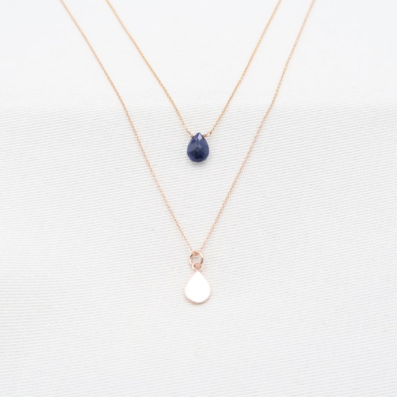 Double Sapphire Necklace in Rose Gold with Rose Gold Drop layered Tear Sapphire 10 6mm Set of 2 September birthstone Sapphire Jewelry