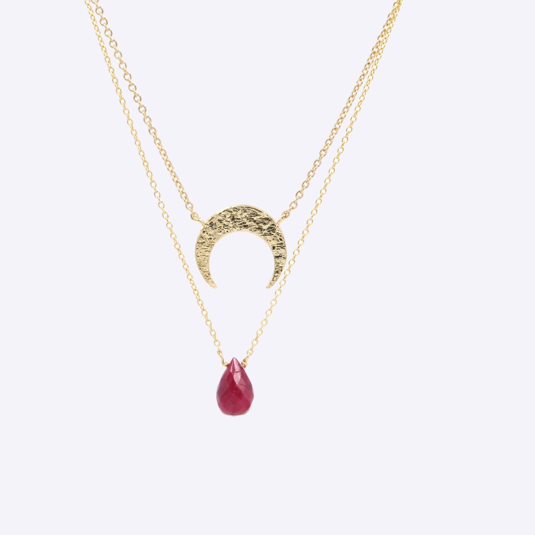 Ruby Necklace Yellow GOLD 14K• Ruby Teardrop 7*4mm Pendant Layered With ...