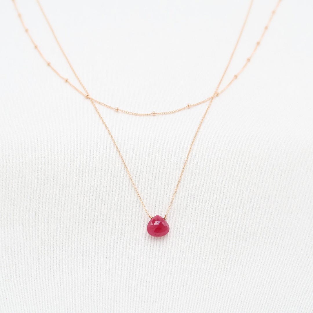 Genuine Ruby Heart Pendant Necklace, Rose Gold Satellite Chain, 15 Inch ...