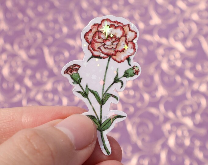 Carnation January Birth Month Flower Sticker, Holographic Handmade ...