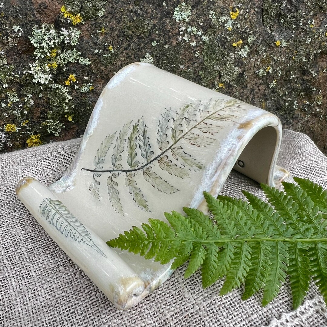 Handmade Ceramic Phone Stand: Fern Imprint Desk Decor - Etsy