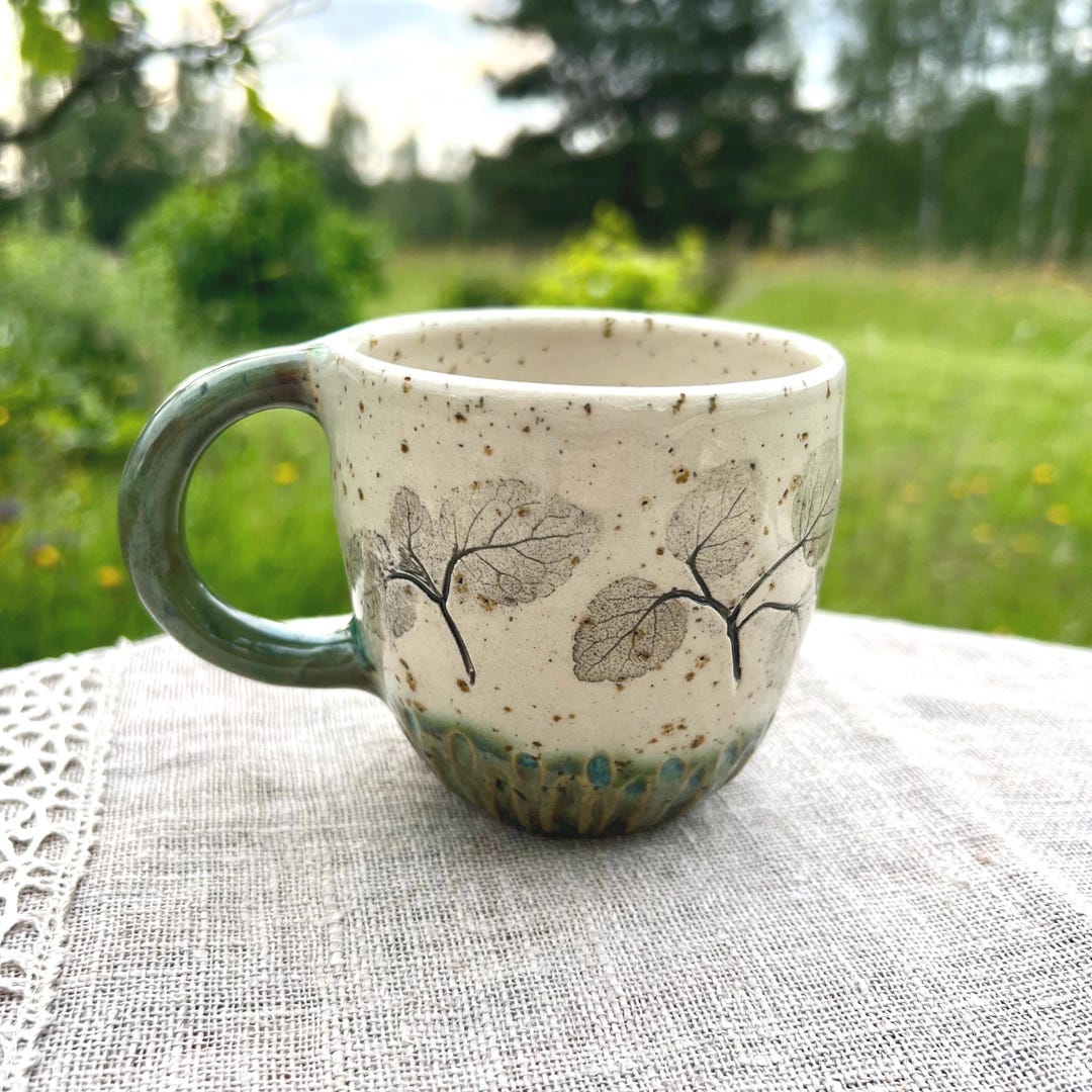 Handmade Stoneware Mug With Leaves Imprint, Pottery Coffee Tea Mug ...