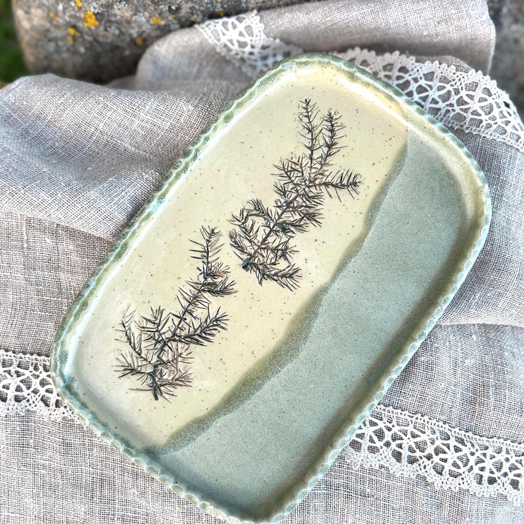 Ceramic Serving Tray: Handmade Stoneware Botanical Platter With Juniper ...
