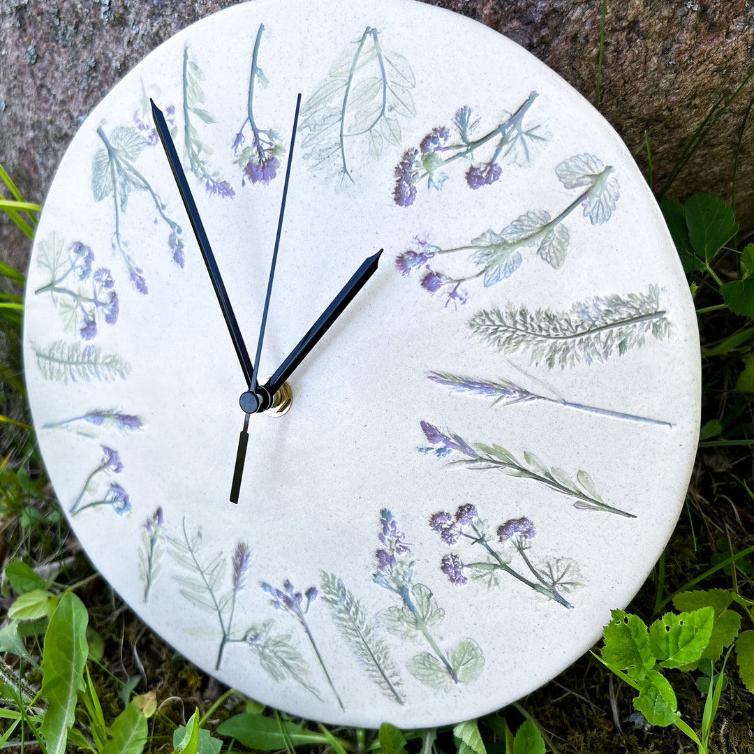 Wall Clock Meadow Plants, Botanical Handmade Ceramic Clock, Floral Wall ...