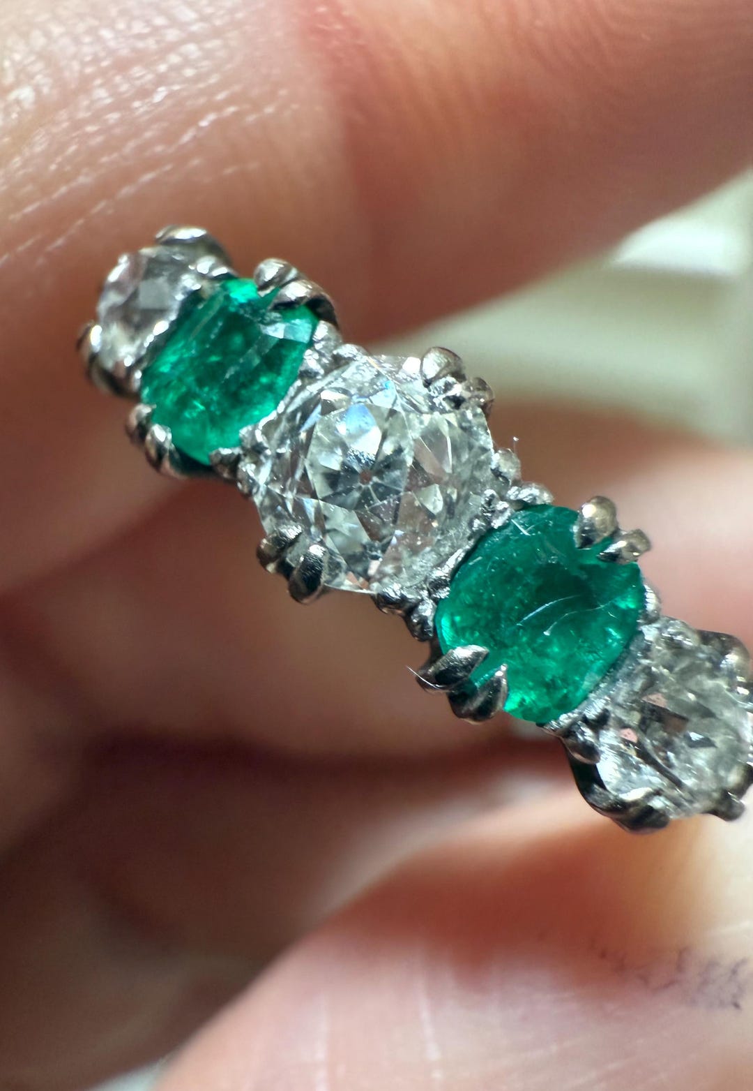 Antique Emerald Old Cut Diamond Platinum 5 Five Stone Line Stacker Half Eternity Ring - Etsy