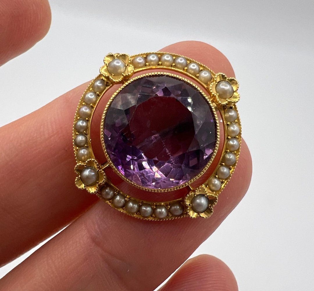 15ct Gold Pearl Amethyst Round Floral Brooch Pin - Etsy