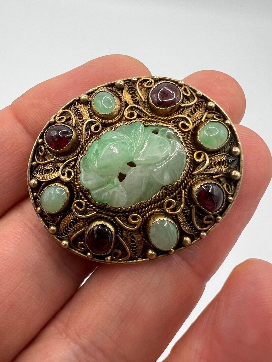 Art Deco Chinese Jade Garnet Silver Filigree Parcel Gilt Brooch - Etsy