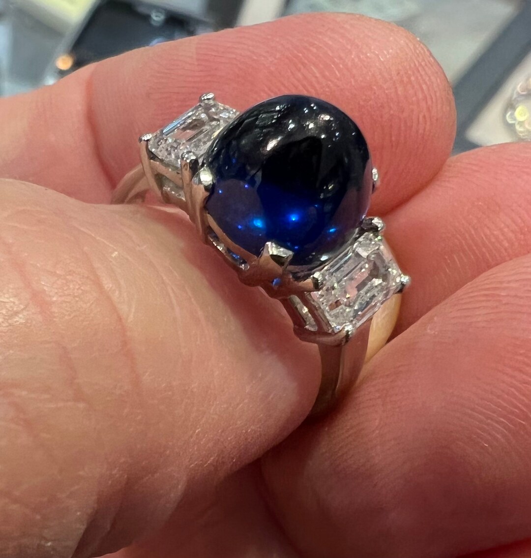 Sugarloaf Sapphire Platinum Vintage Cocktail Ring 3 Stone Kashmir Blue ...